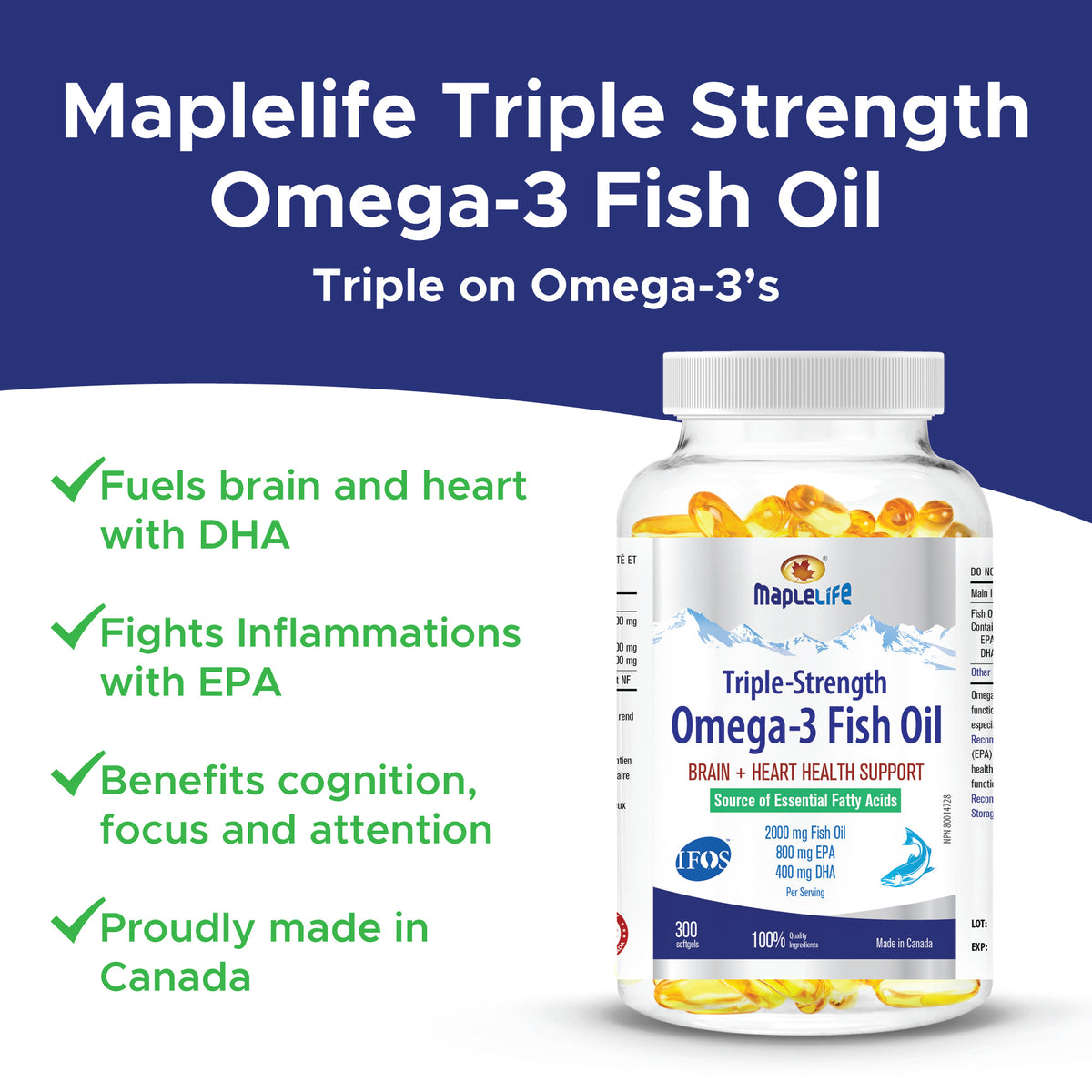 Triple-Strength Omega-3 Fish Oil 2000mg 300 Softgels – MapleLife Nutrition